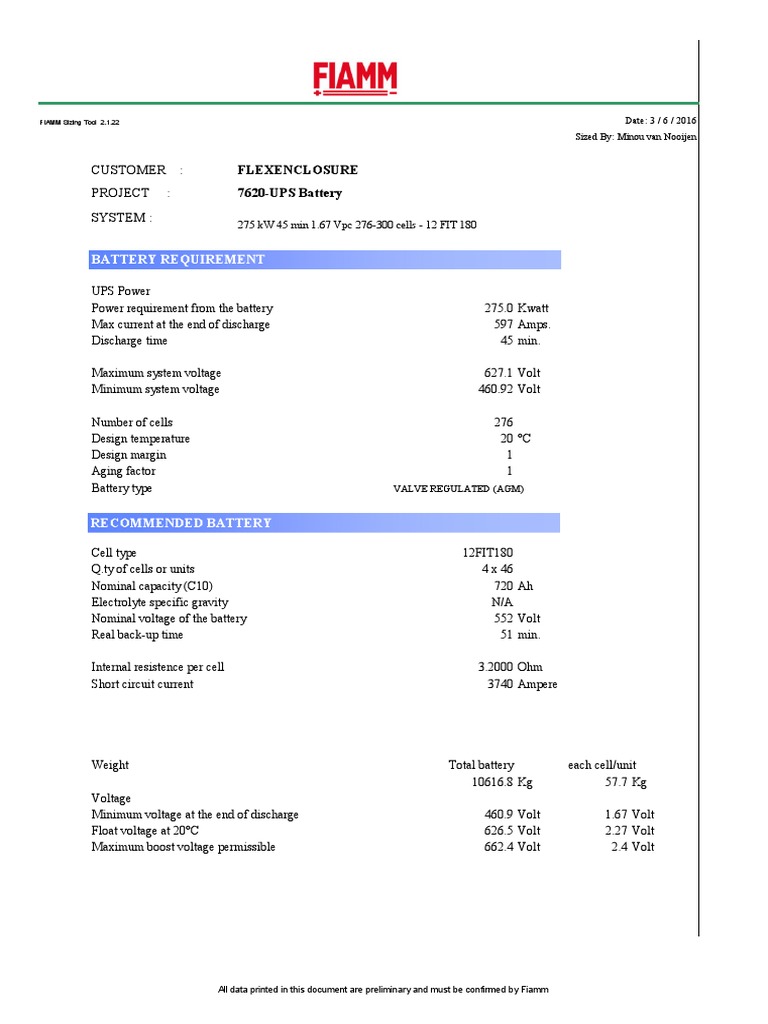 Fiamm UPS Battery Sizing Tool 2.1.22 | PDF | Volt | Voltage
