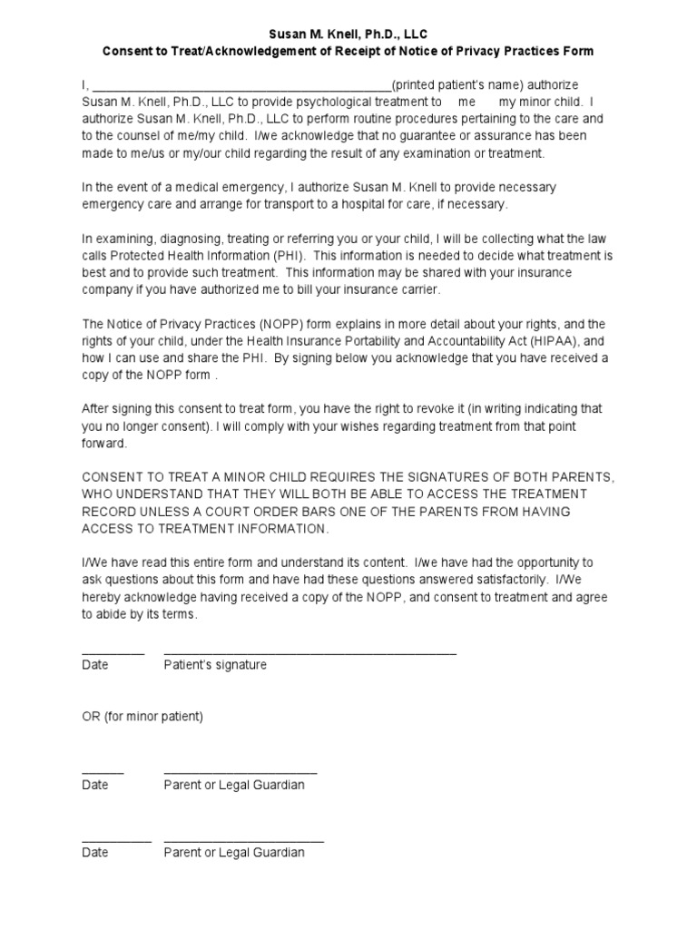 Susan M. Knell, PH.D., LLC Consent To Treat/Acknowledgement of Receipt ...