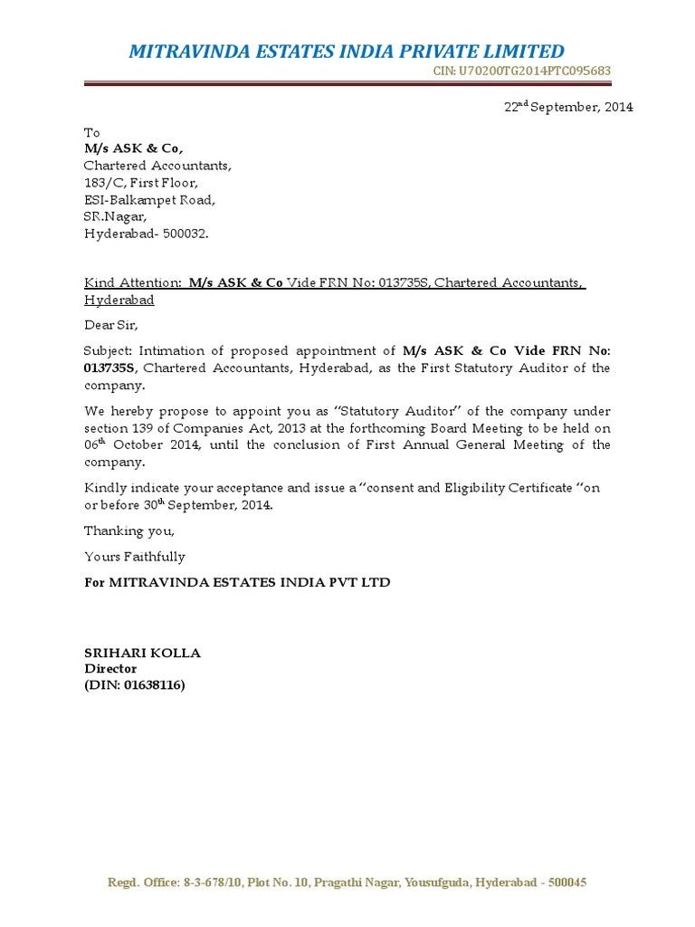 01 - Intimation To Auditor - For First Appointment of Auditor | PDF