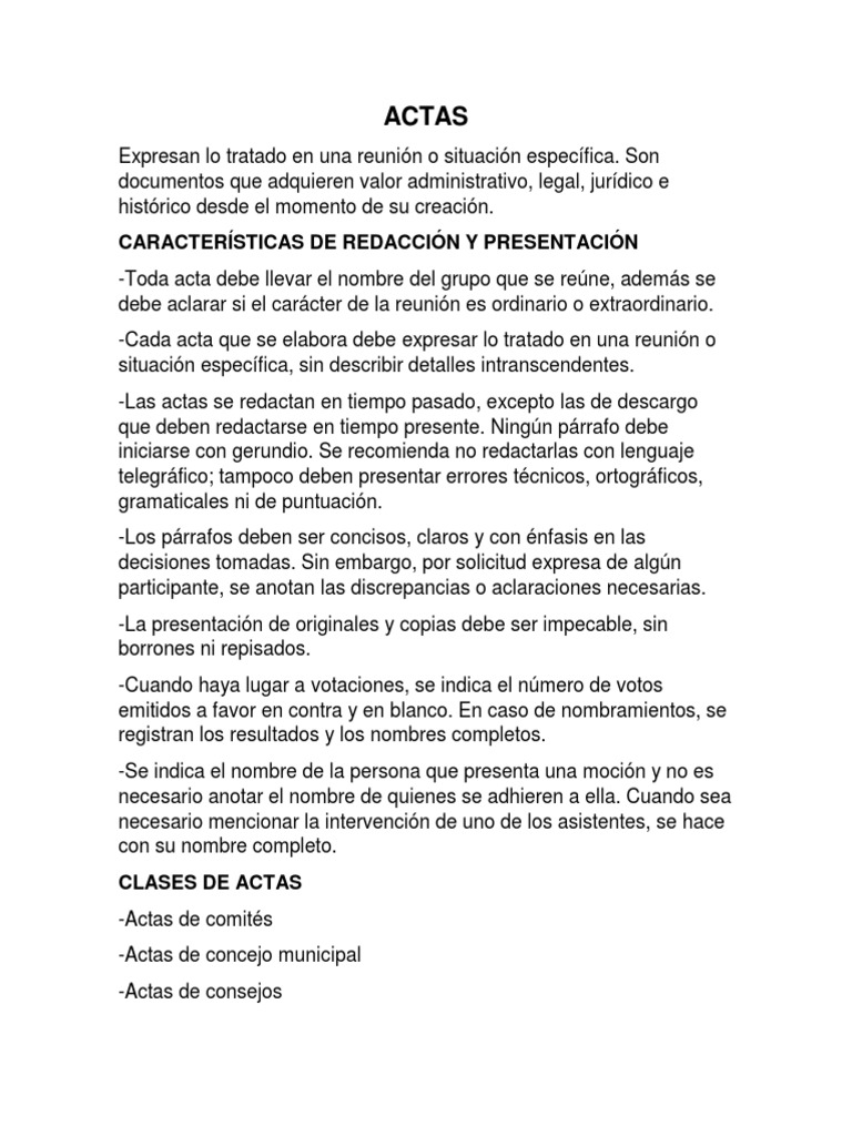 Actas: Características De Redacción Y Presentación | Lingüística