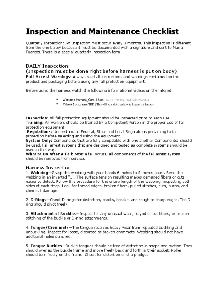 Harness Insp. and Maint. Daily Checklist | PDF | Rope | Wear