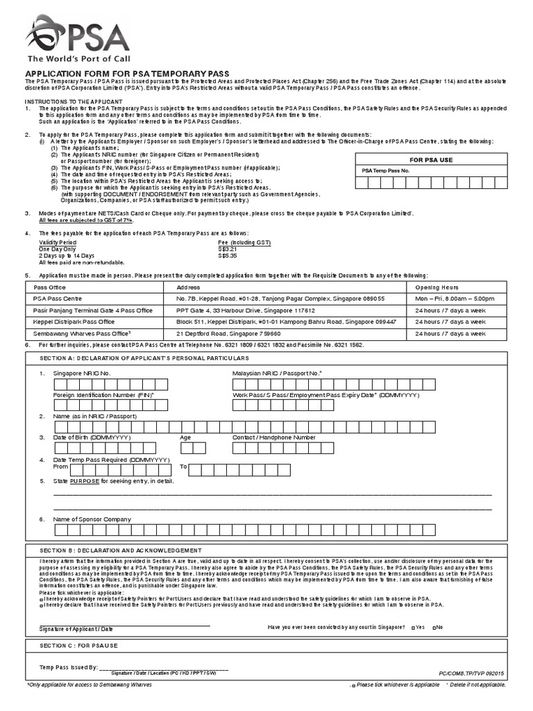 Application Form For Psa Temporary Pass: Instructions To The Applicant ...