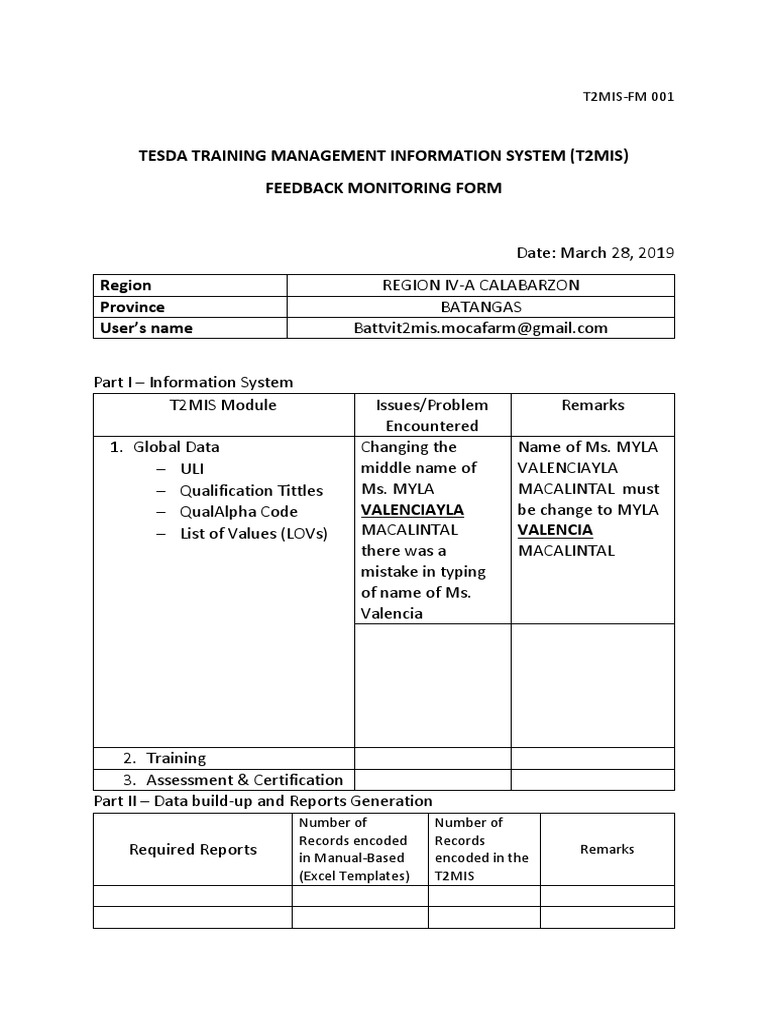 Tesda Training Management Information System (T2Mis) Feedback ...