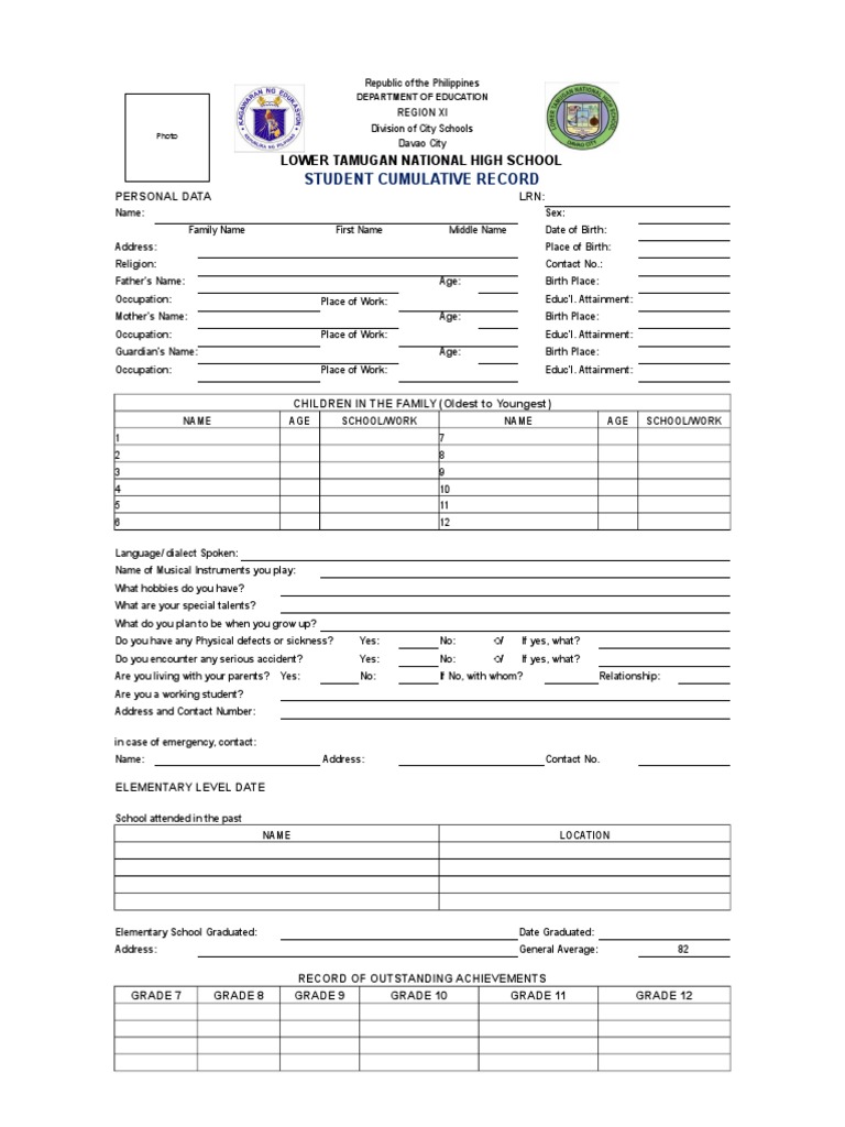 Student Cumulative Record Form | PDF | Learning | Behavior Modification