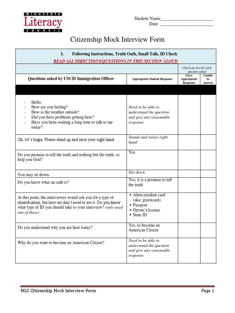 Naturalization Citizenship Mock Interview - Minus 100 Qs | PDF ...