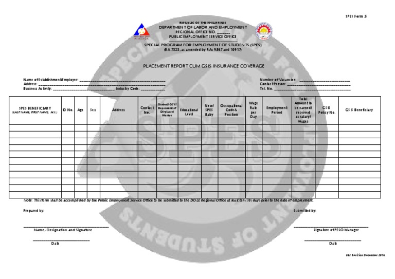 Spes Form 5 - Placement Report Cum Gsis - Dec2016 | PDF | Employment ...