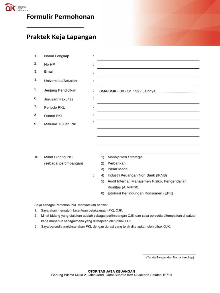 Formulir Permohonan PKL OJK 2025 | PDF