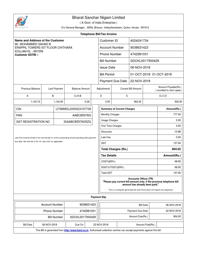 BSNL Bill | PDF | Invoice | Services (Economics)