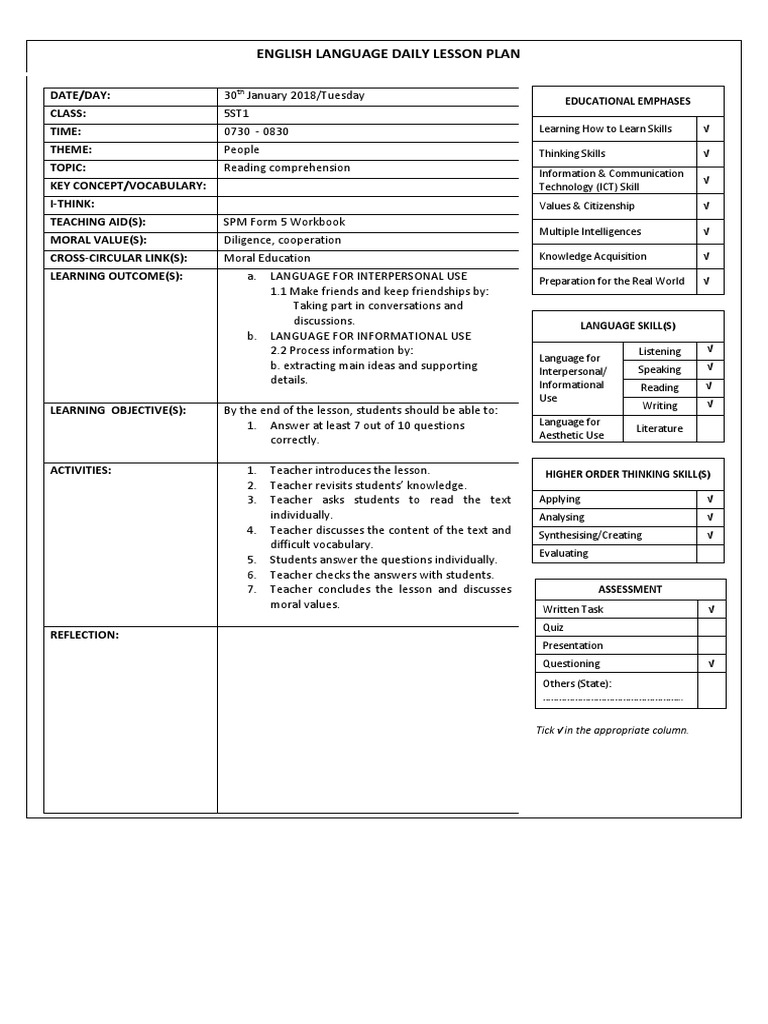 English Language Daily Lesson Plan | PDF | Teachers | Reading Comprehension