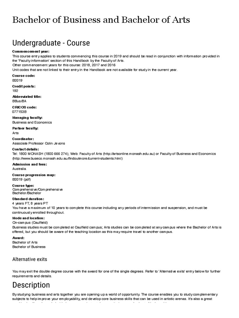 Bachelor of Business and Arts Overview | PDF | Bachelor Of Arts ...