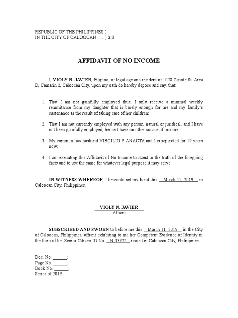 Affidavit of No Income | PDF | Affidavit | Government Information
