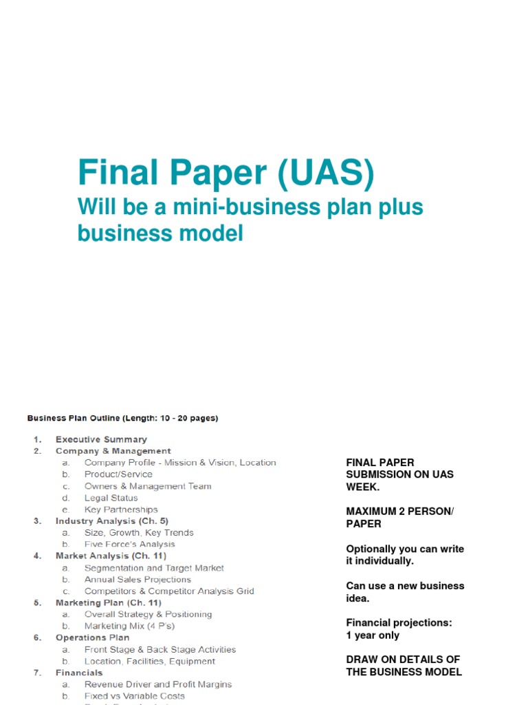 Final Paper (UAS) : Will Be A Mini-Business Plan Plus Business Model | PDF
