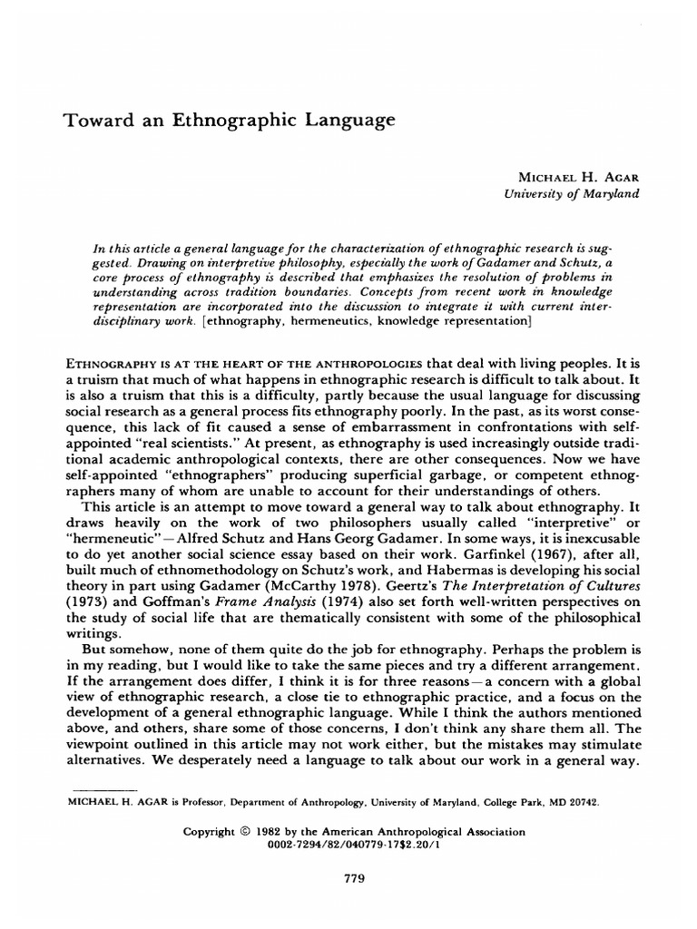 Michael Agar - Toward An Ethnographic Language (1982) PDF | PDF ...
