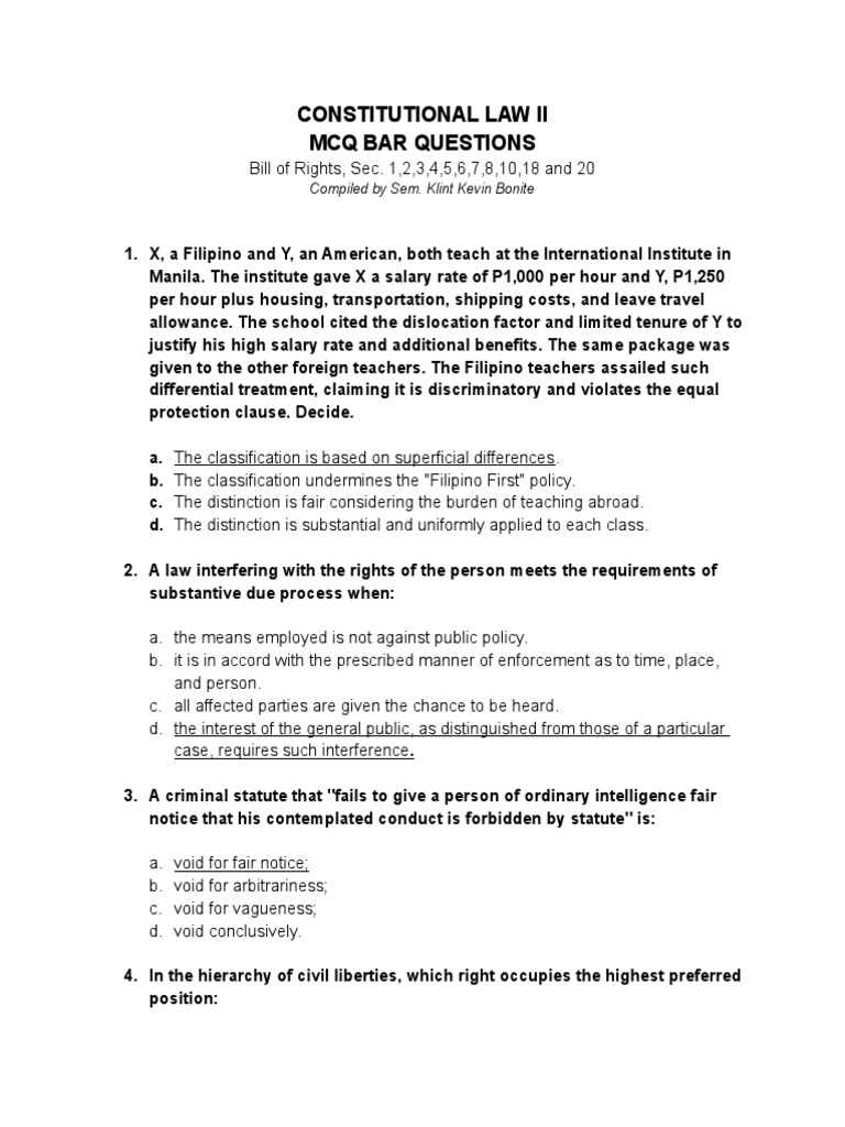 Constitutional Law Ii MCQ Bar Questions: Compiled by Sem. Klint Kevin ...