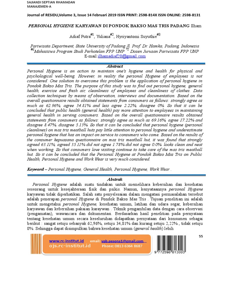 Personal Hygiene Karyawan Di Pondok Bakso Mas Tris Padang Ilham | PDF | Hygiene | Quality Of Life