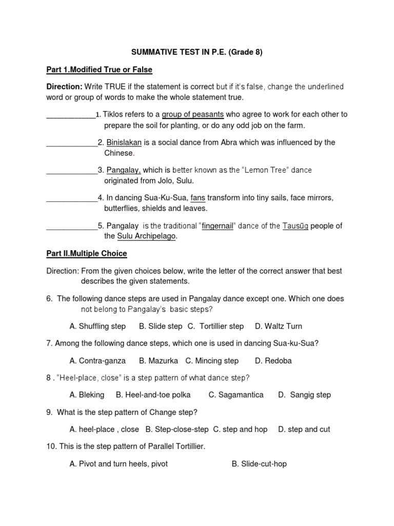 Grade 8 P.E. Summative Test on Dances | PDF | Arm | Dances