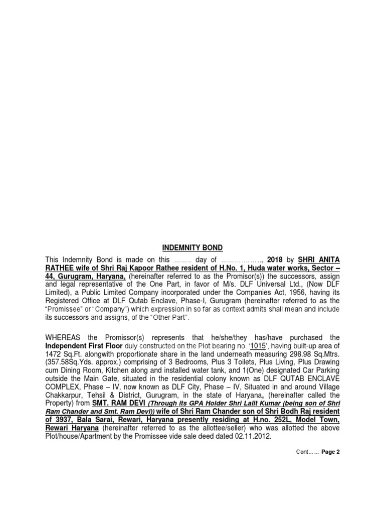 Indemnity Bond - Rathee | PDF | Indemnity | Civil Law (Legal System)