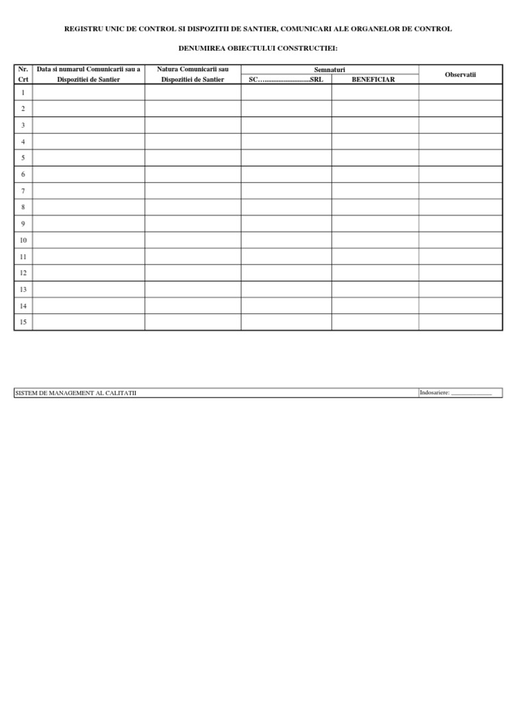 Registru de Control Dispozitii de Santier | PDF