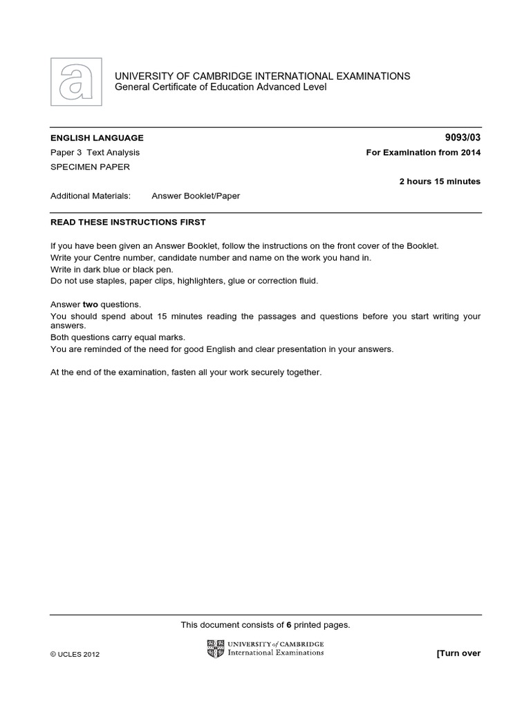 9093 Specimen Paper 3 2014 | PDF | Newspapers
