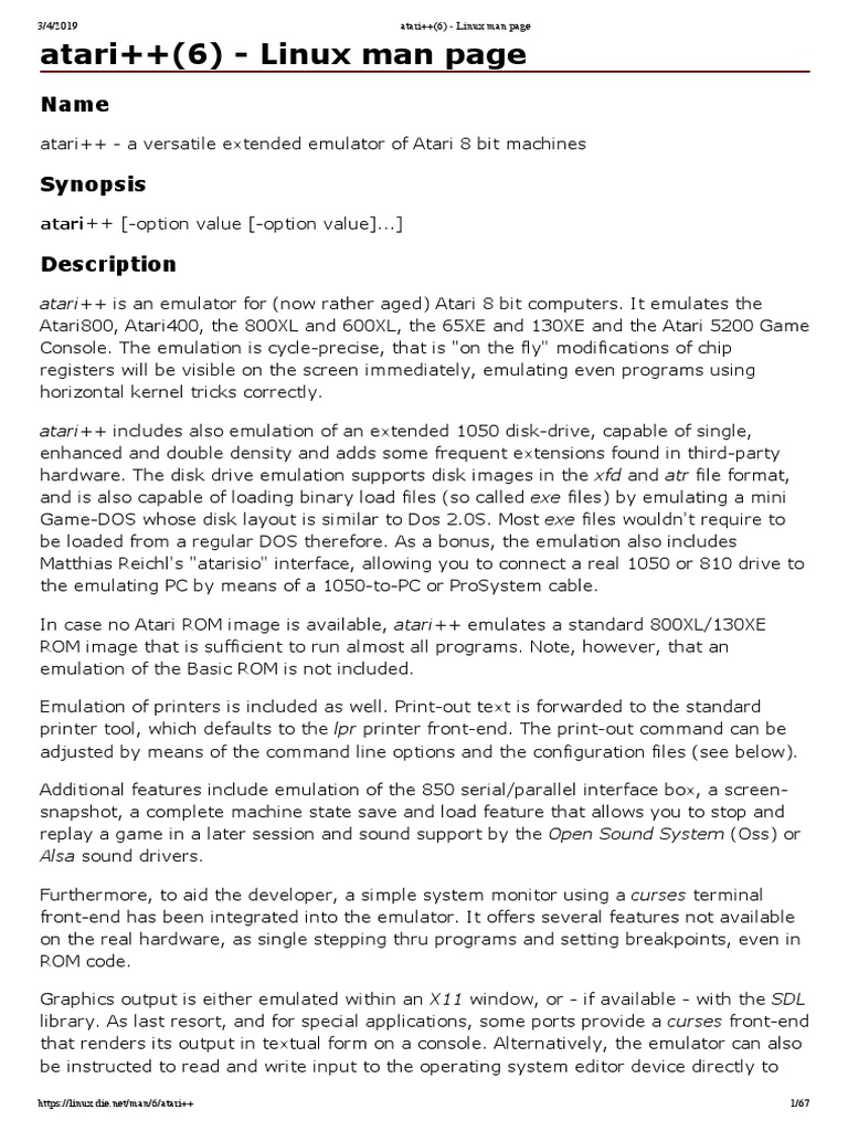 Atari++ (6) - Linux Man Page | PDF | Emulator | Operating System