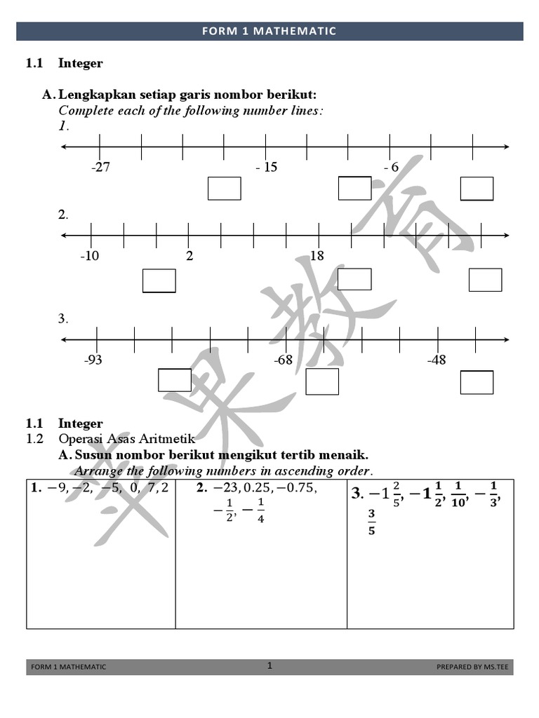 Form 1 Integer Mathematics Exercises | PDF | Elementary Mathematics ...