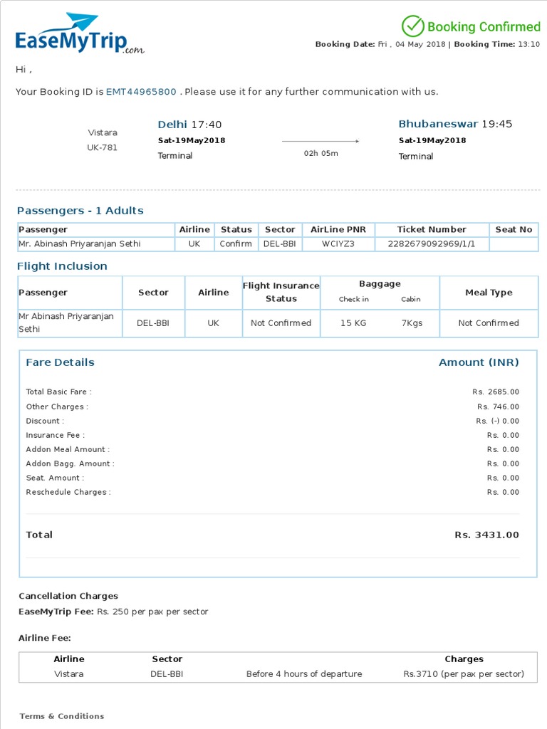 Ticket DEL-BBI EMT44965800 PDF | PDF | Airlines | Baggage