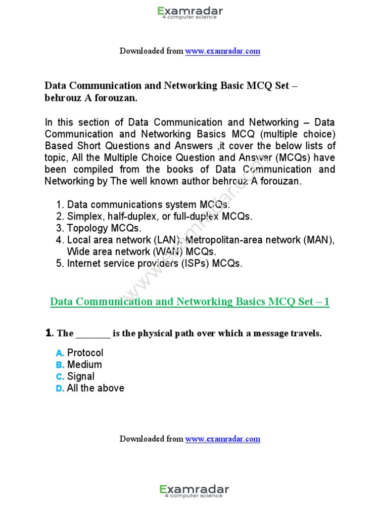 CH 1 Data Communication Networking Basic MCQ Set Behrouz Forouz PDF ...