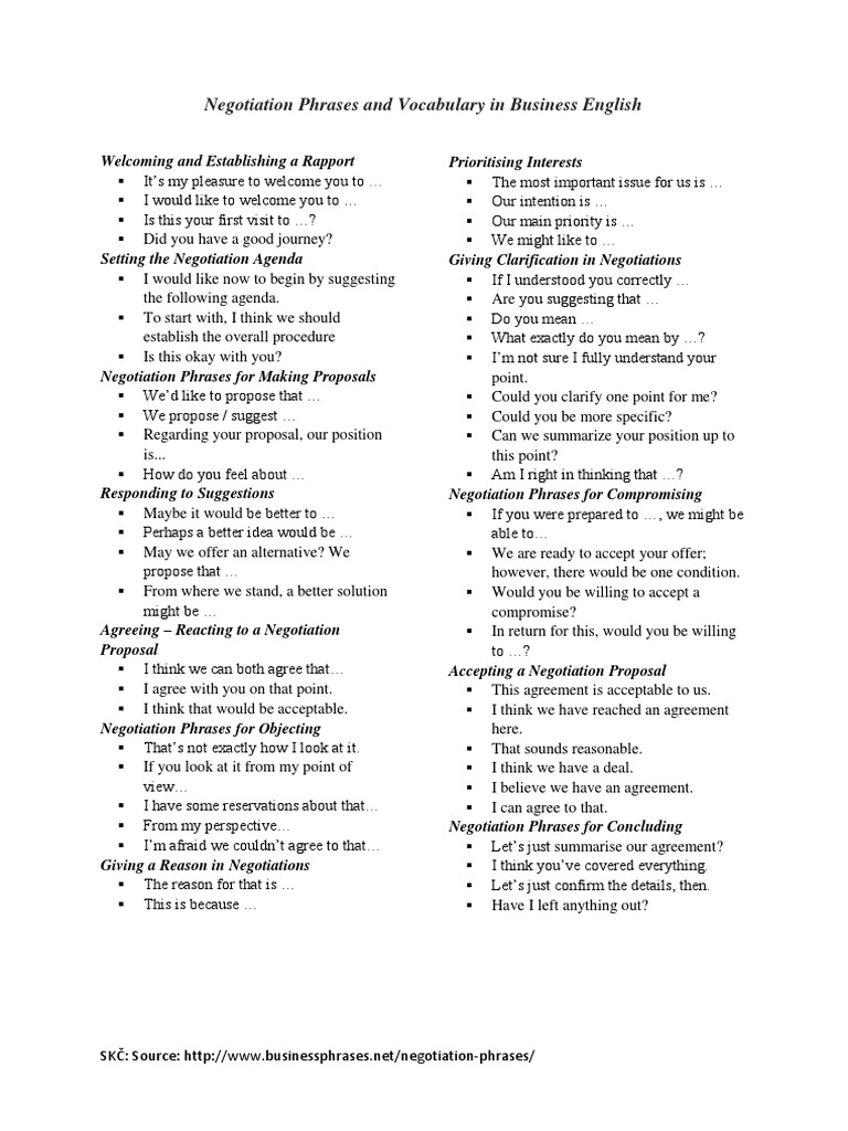 Negotiation Phrases and Vocabulary in Business English | PDF ...