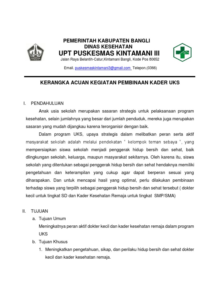 KAK PEMBINAAN KADER UKS (Dokcil) | PDF