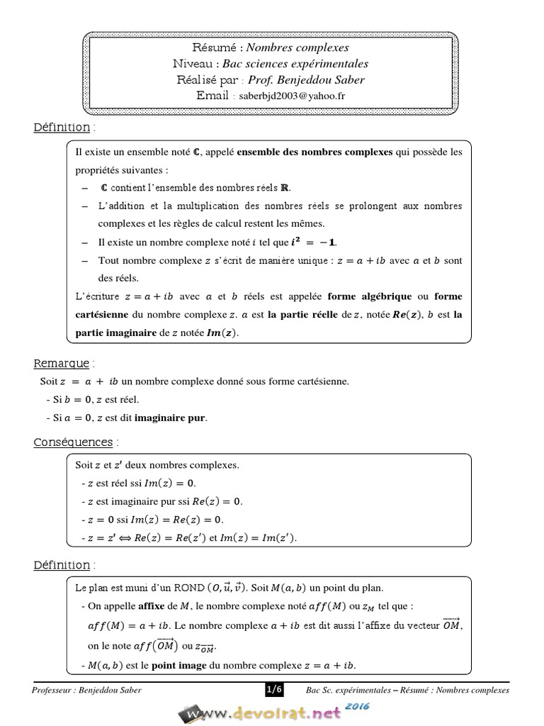 Cours - Math Résumé - Tome II - CH 01 Et 02 - Nombres Complexes - Bac ...