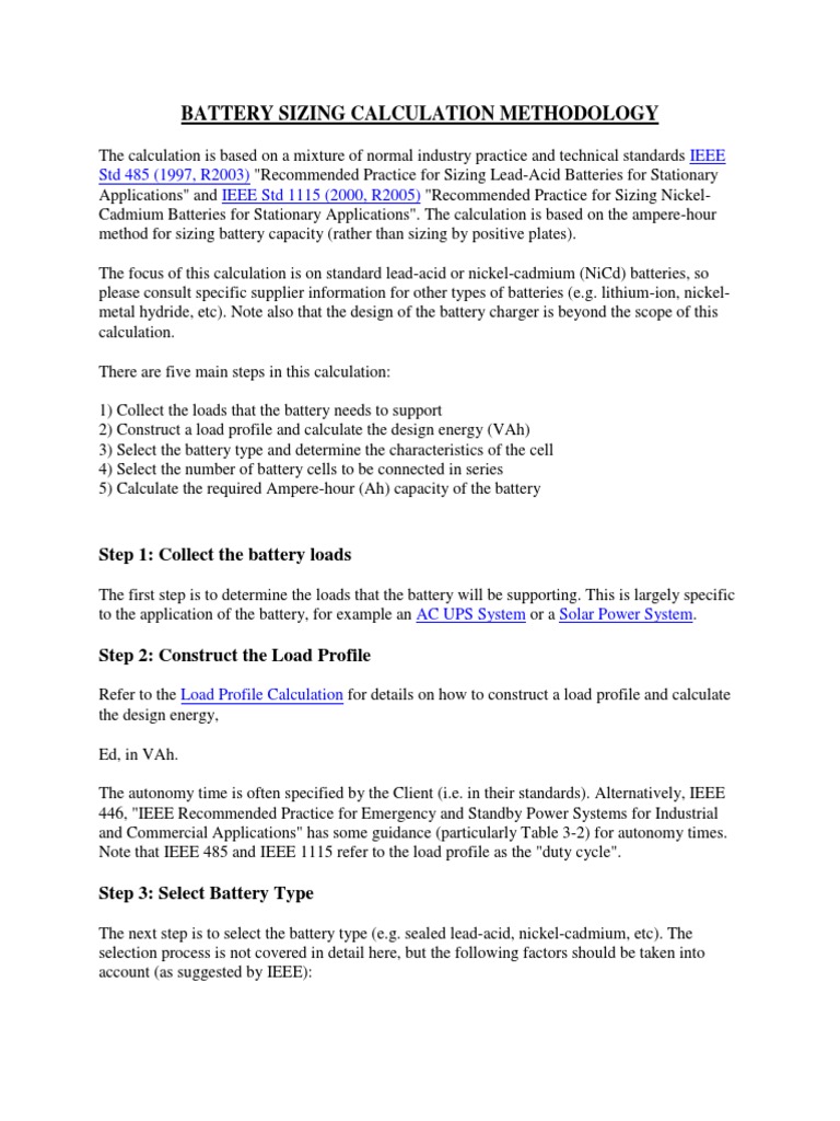 Battery Sizing Calculation Methodology: Ieee STD 485 (1997, R2003) IEEE ...