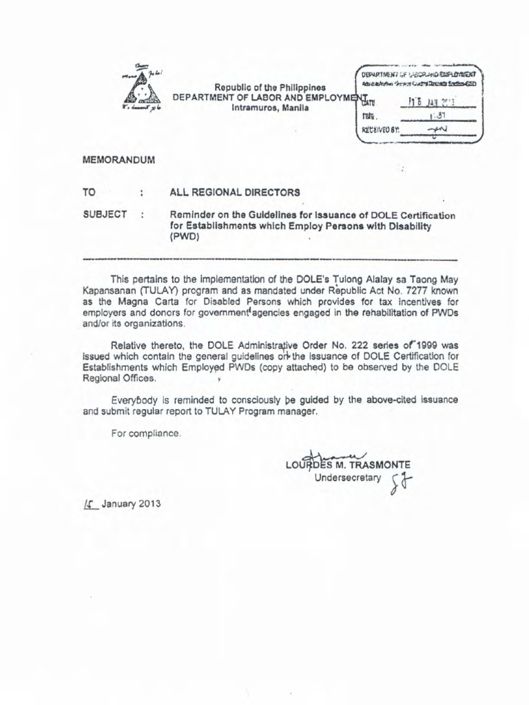 Guidelines For Issuance of DOLE Certification PWD PDF | PDF
