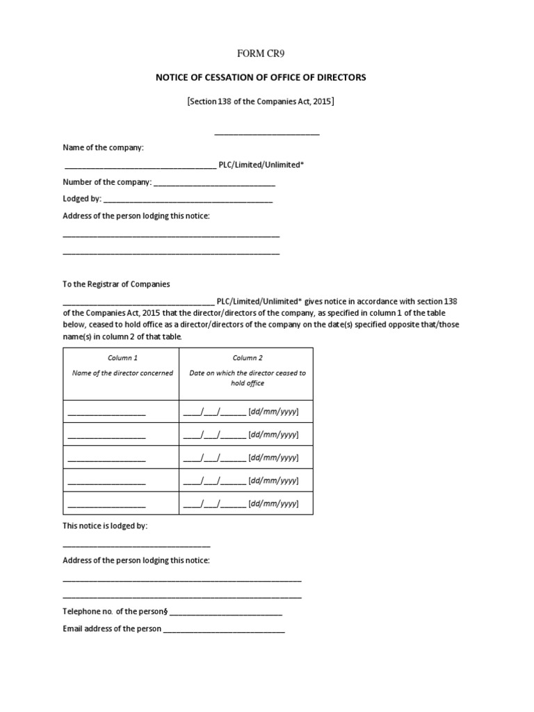 Notice of Cessation of Office of Directors: Form Cr9 | PDF | Business