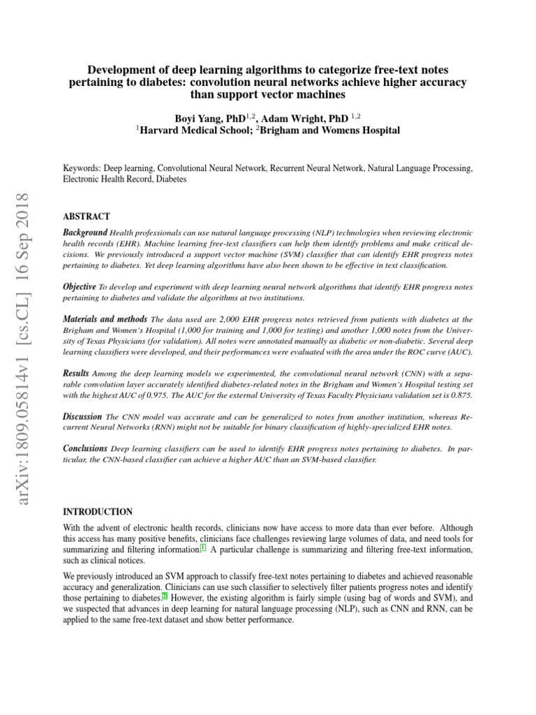 Deep Learning Classifiers Achieve Higher Accuracy Than Svms For Categorizing Diabetes Notes