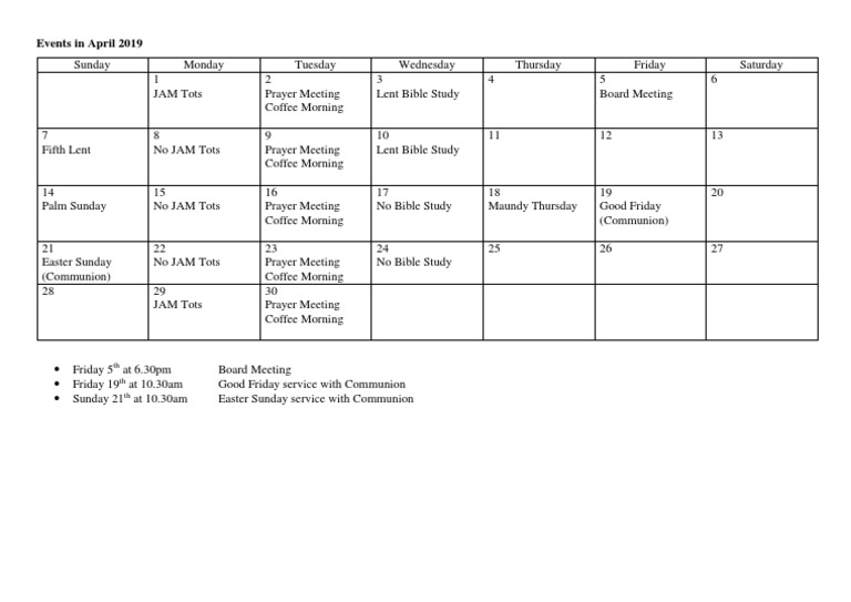 April 2019 Church Events Calendar | PDF