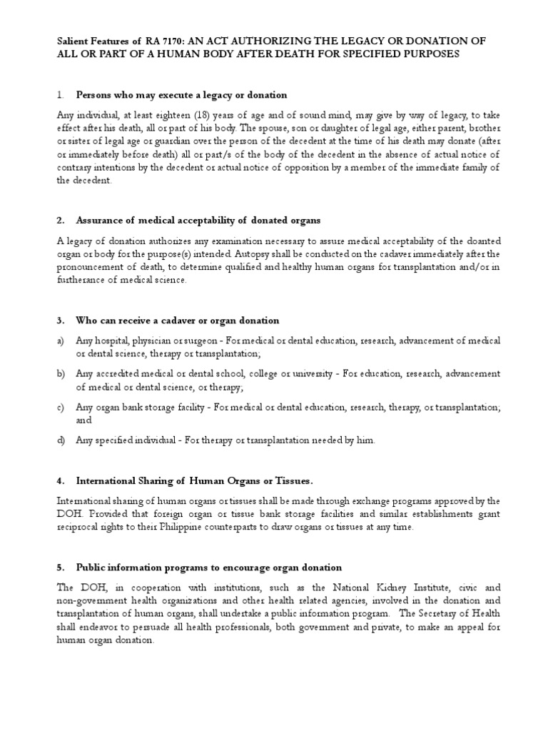 Salient Features of RA 7170 | PDF | Organ Donation | Organ Transplantation