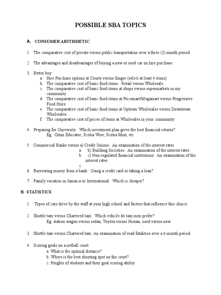 Possible Sba Topics: A. Consumer Arithmetic | Retail | Foods
