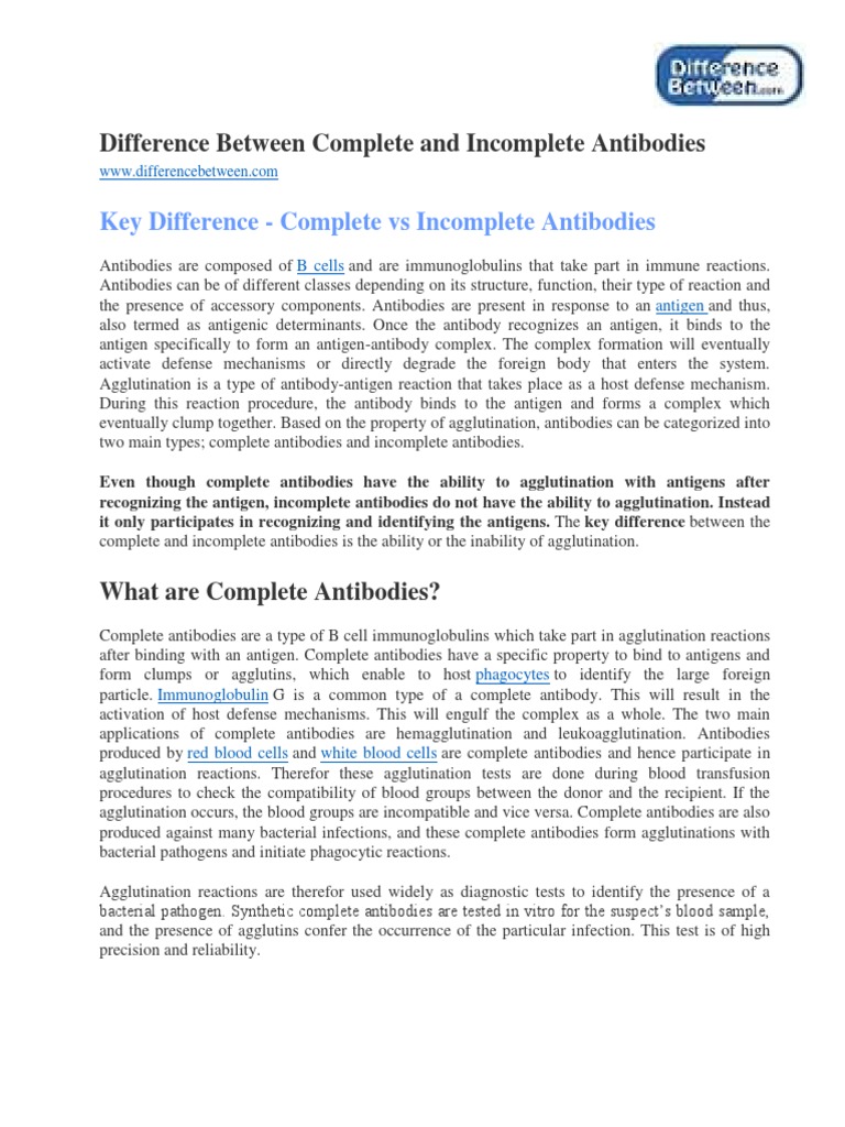Difference Between Complete and Incomplete Antibodies | PDF | Antibody ...