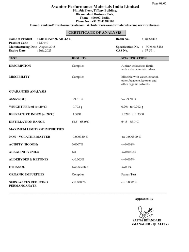 Avantor Performance Materials India Limited: Certificate of Analysis ...