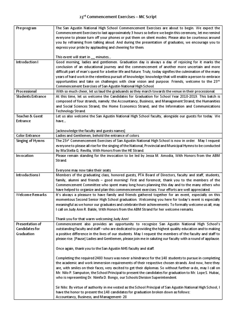 23rd Commencement Exercises - MC Script | PDF