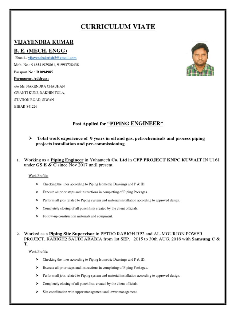 Piping Engineer CV - Vijayendra Kumar | PDF | Science And Technology ...
