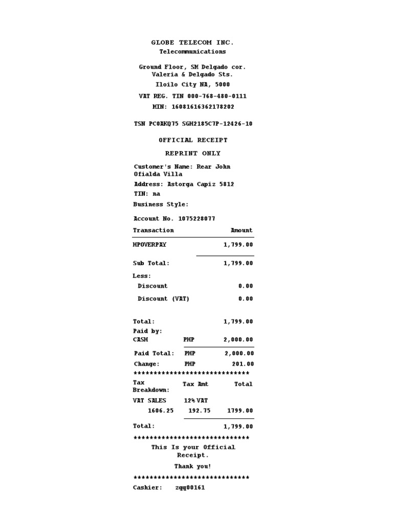 Globe Telecom Official Receipt Sample | PDF | Finance & Money Management