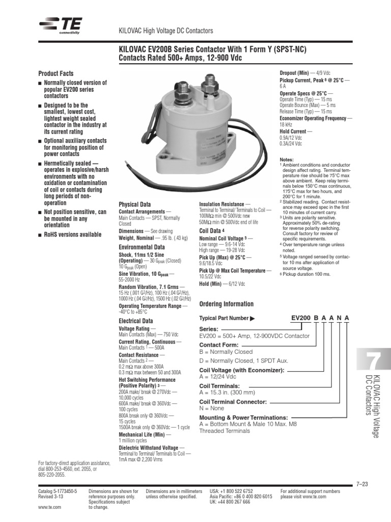 KILOVAC EV200B Series Contactor With 1 Form Y (SPST-NC) Contacts Rated ...