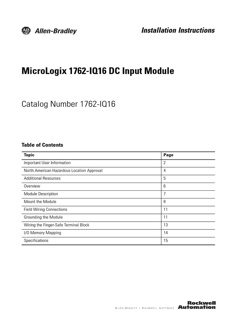 Micrologix 1762-Iq16 DC Input Module | PDF | Electrical Connector | Electrical Wiring