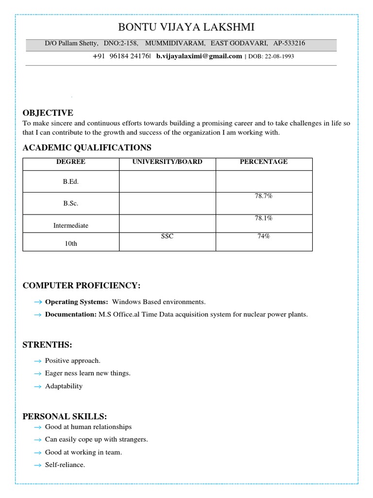 Bontu Vijaya Lakshmi: Objective | PDF