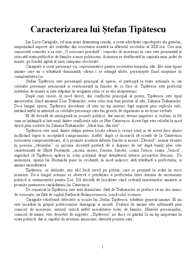 Caracterizare Stefan Tipatescu | PDF