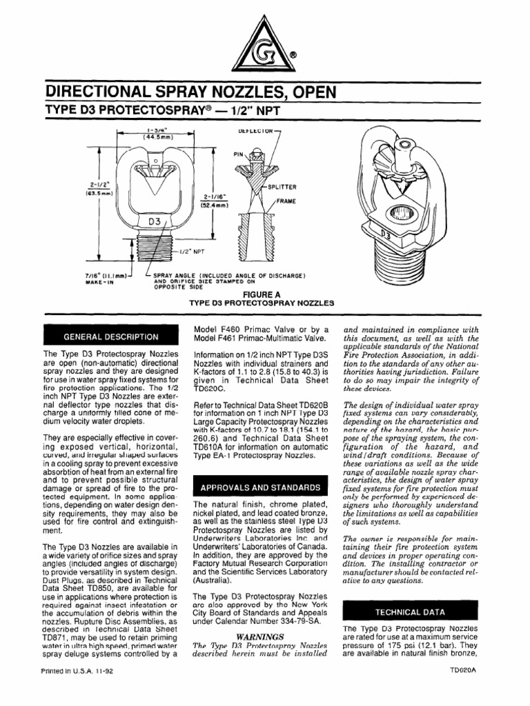 D3 Protectospray Nozzle Specifications | PDF | Fire Sprinkler System ...