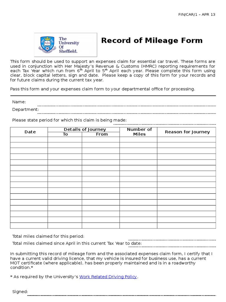 Mileage Record Form for Expenses | PDF | Business