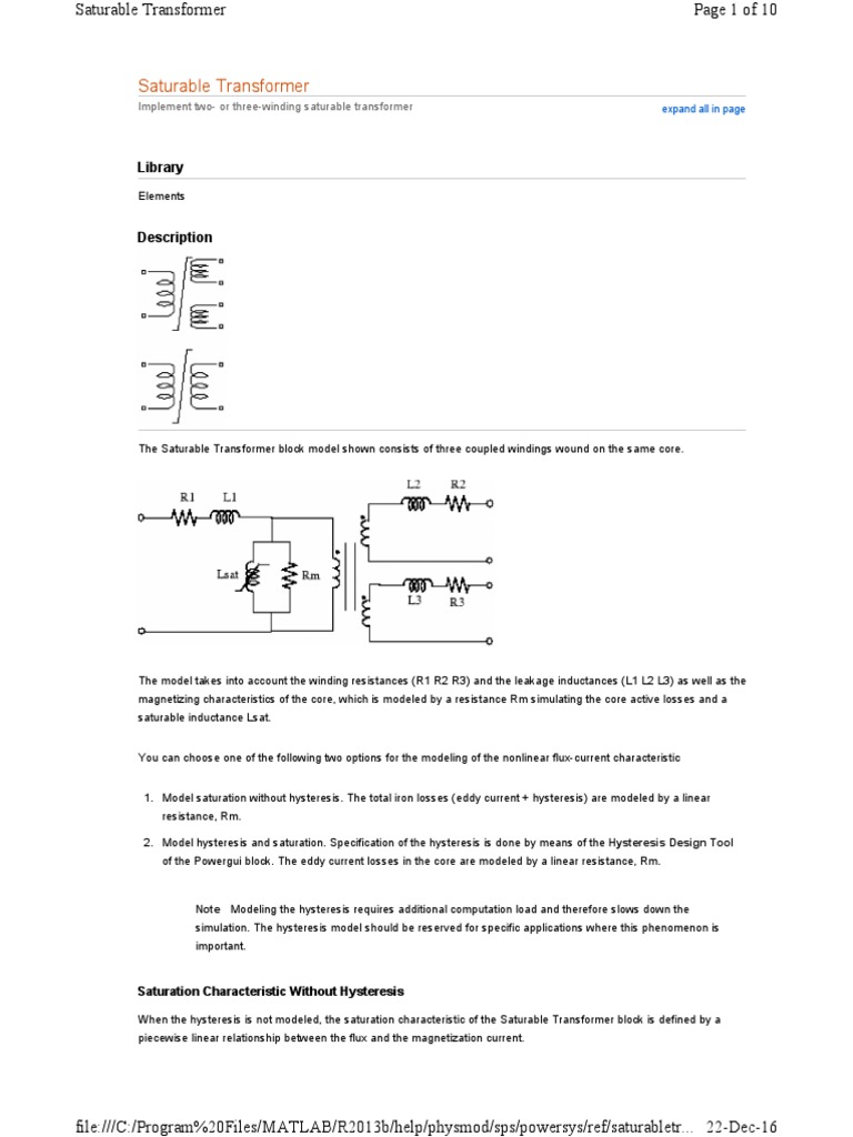 Matlab Saturable Transformer PDF | PDF | Inductance | Transformer