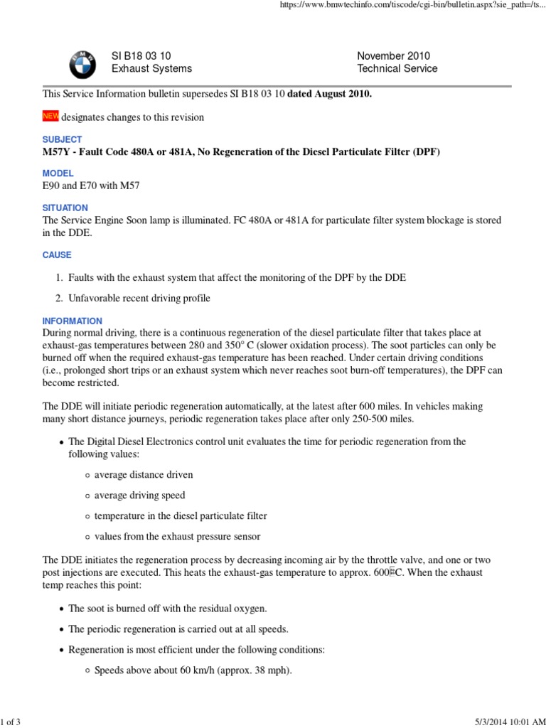 SIB 180310 M57Y - Fault Code 480A or 481A, No Regeneration of The ...